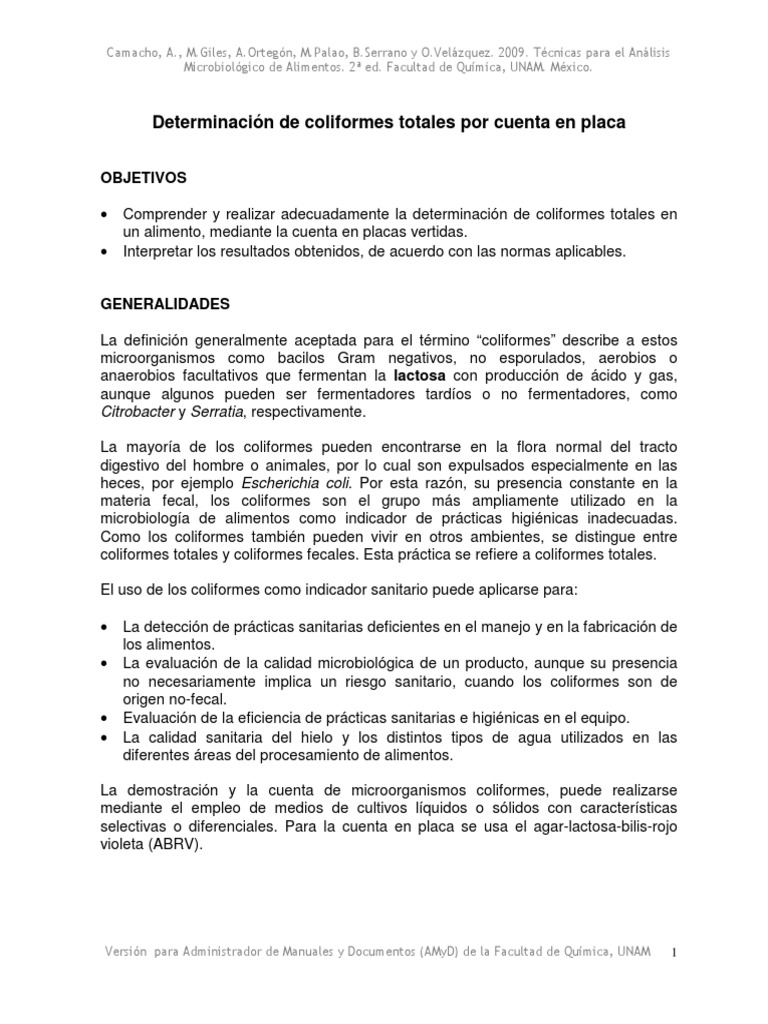 Determinación de Coliformes Totales | PDF | Las bacterias | Microbiología