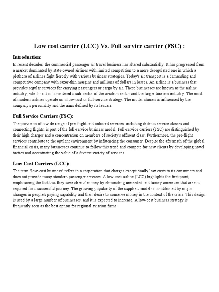 Low Cost Carrier (LCC) vs. Full Service Carrier (FSC) | PDF