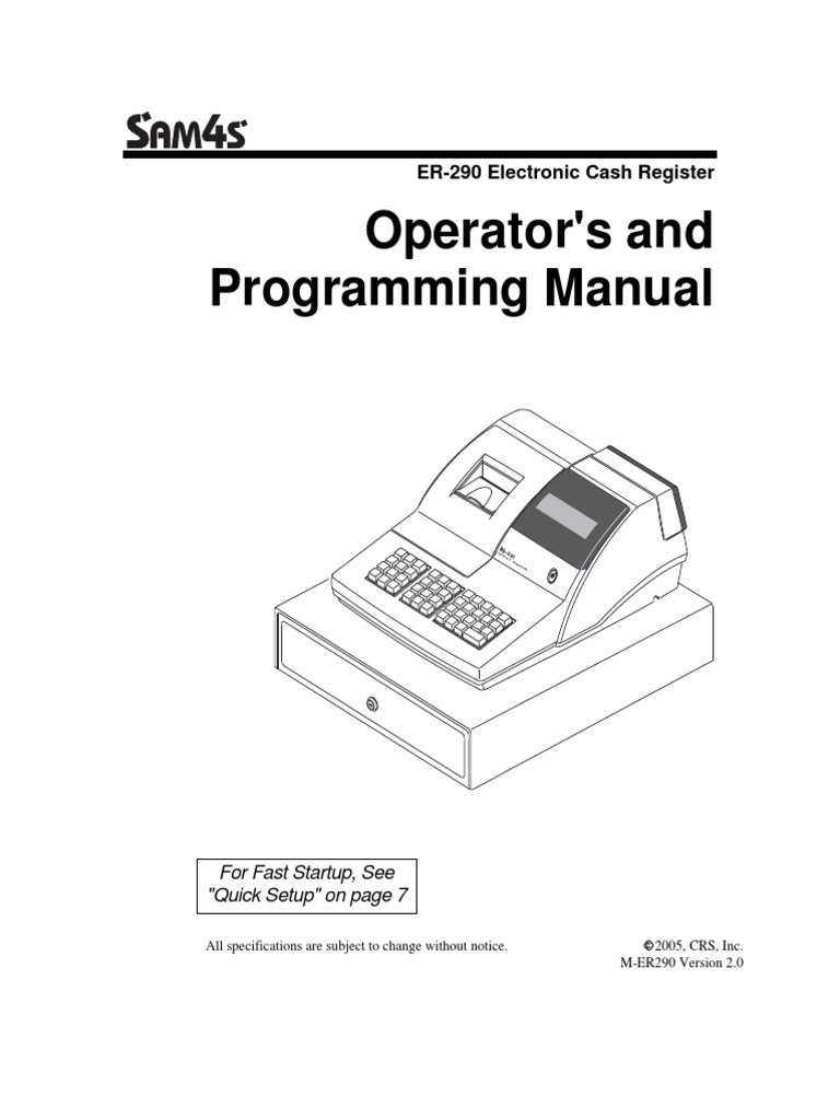 Operator's and Programming Manual: ER-290 Electronic Cash Register ...