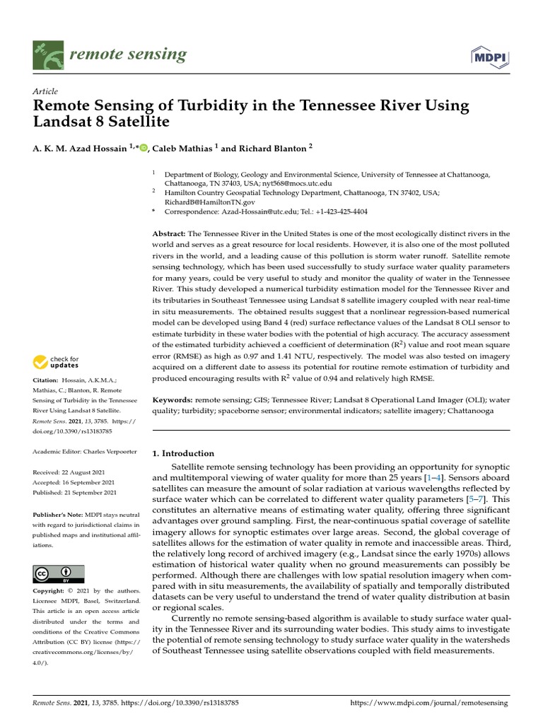 Remote Sensing: Remote Sensing of Turbidity in The Tennessee River ...