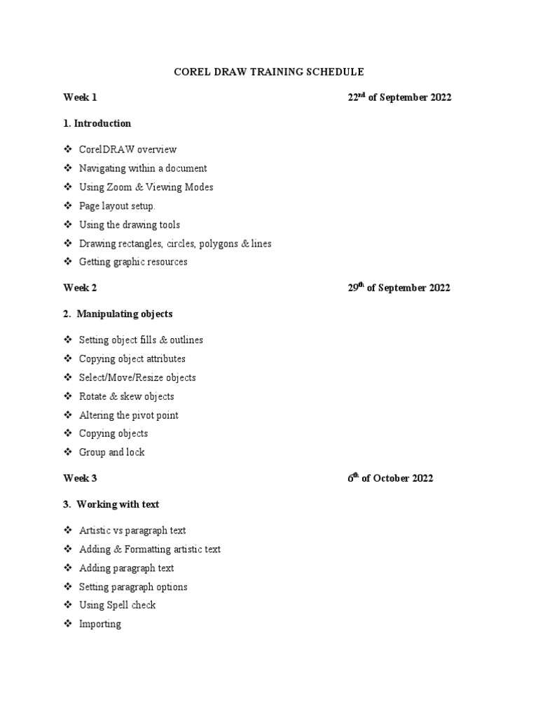 Corel Draw Training Schedule Week 1 22 of September 2022 | PDF
