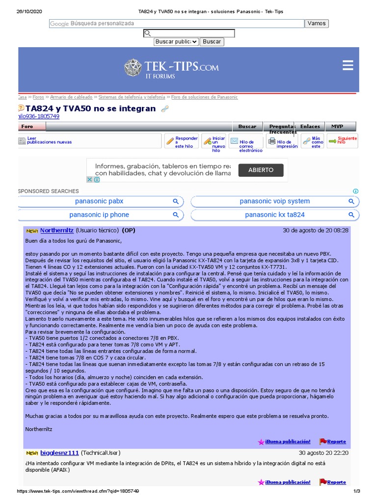 TA824 y TVA50 No Se Integran - Soluciones Panasonic - Tek-Tips | PDF | Telefonía | Informática