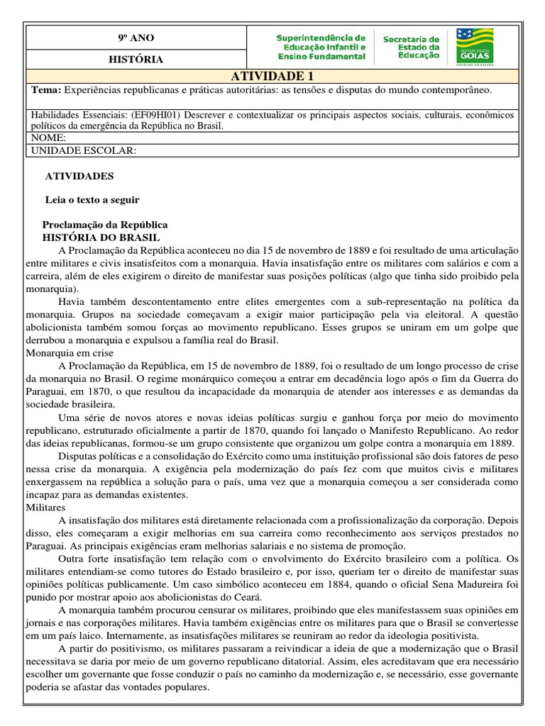 9º HIS Atividade 1 - Experiências Republicanas e Práticas Autoritárias, As Tensões e Disputas Do ...