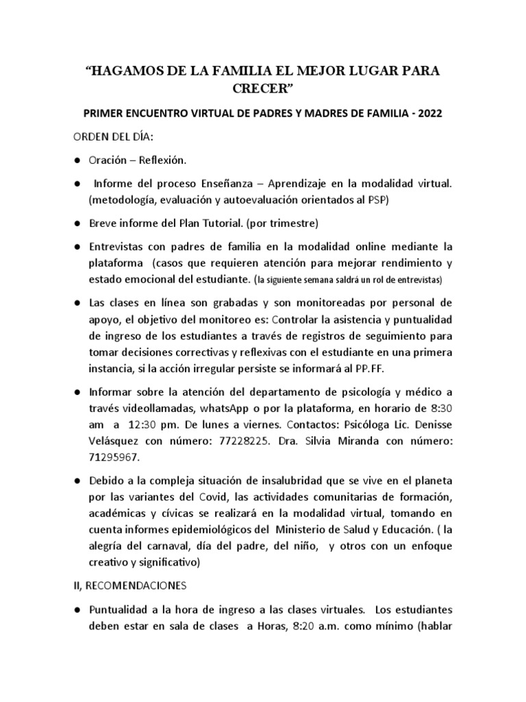 Primer Encuentro Con Padres y Madres de Familia 2022 | PDF