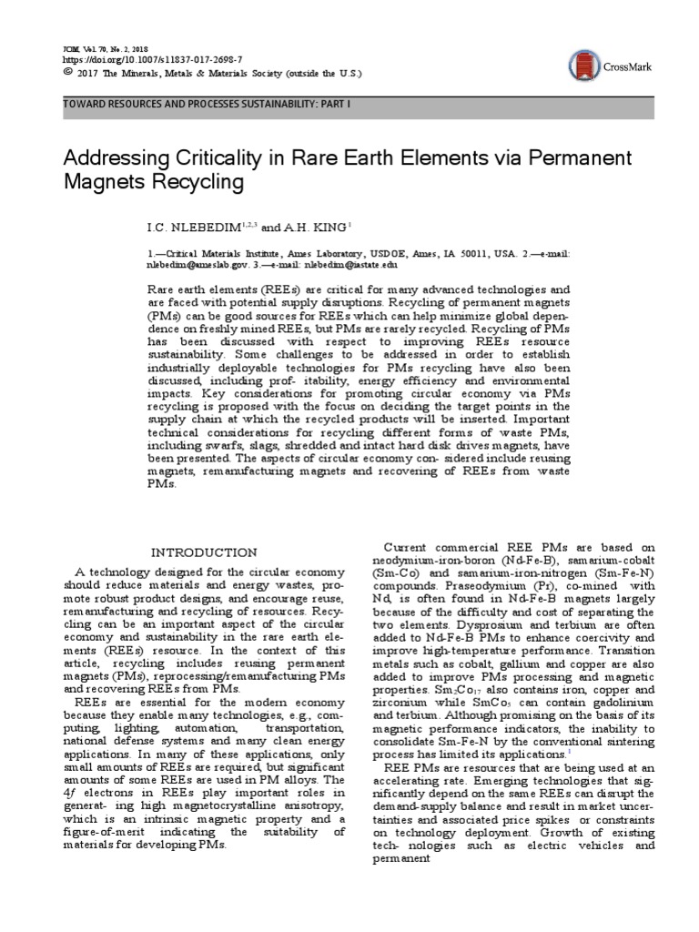Addressing Criticality in Rare Earth Elements Via Permanent Magnets Recycling. INGLES | PDF ...