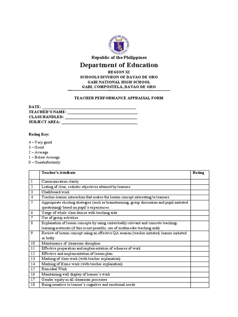 Teacher Performance Appraisal Form | PDF | Teachers | Learning