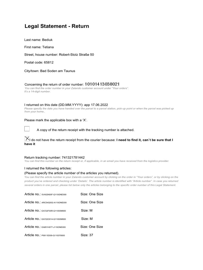 Zalando Return Legal Statement Guide | PDF