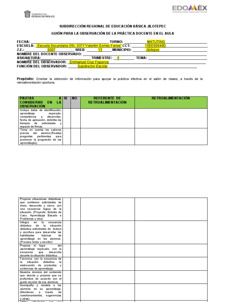 Guion de Observacion | PDF | Aprendizaje | Maestros Guion de Observacion | PDF | Aprendizaje | Maestros