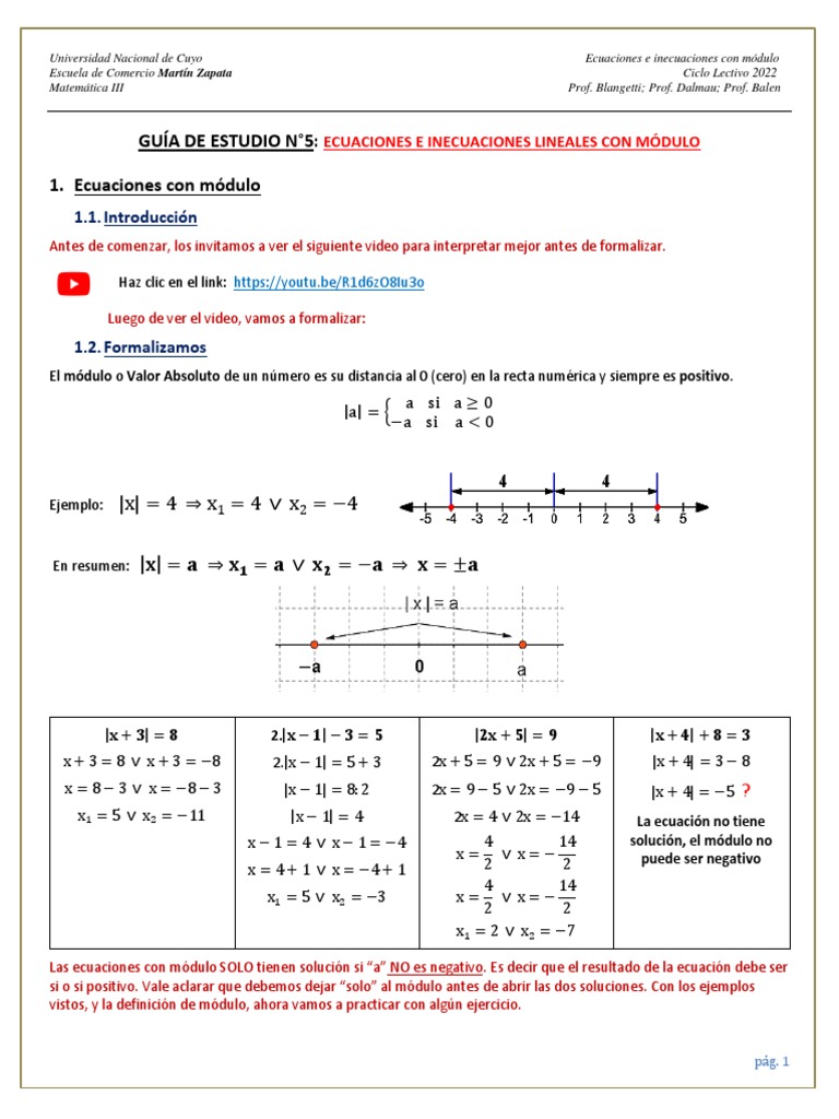 2022-8-17 - Colegio Martín Zapata - Matemática III - Guía N°5 Ecuaciones e Inecuaciones Lineales ...