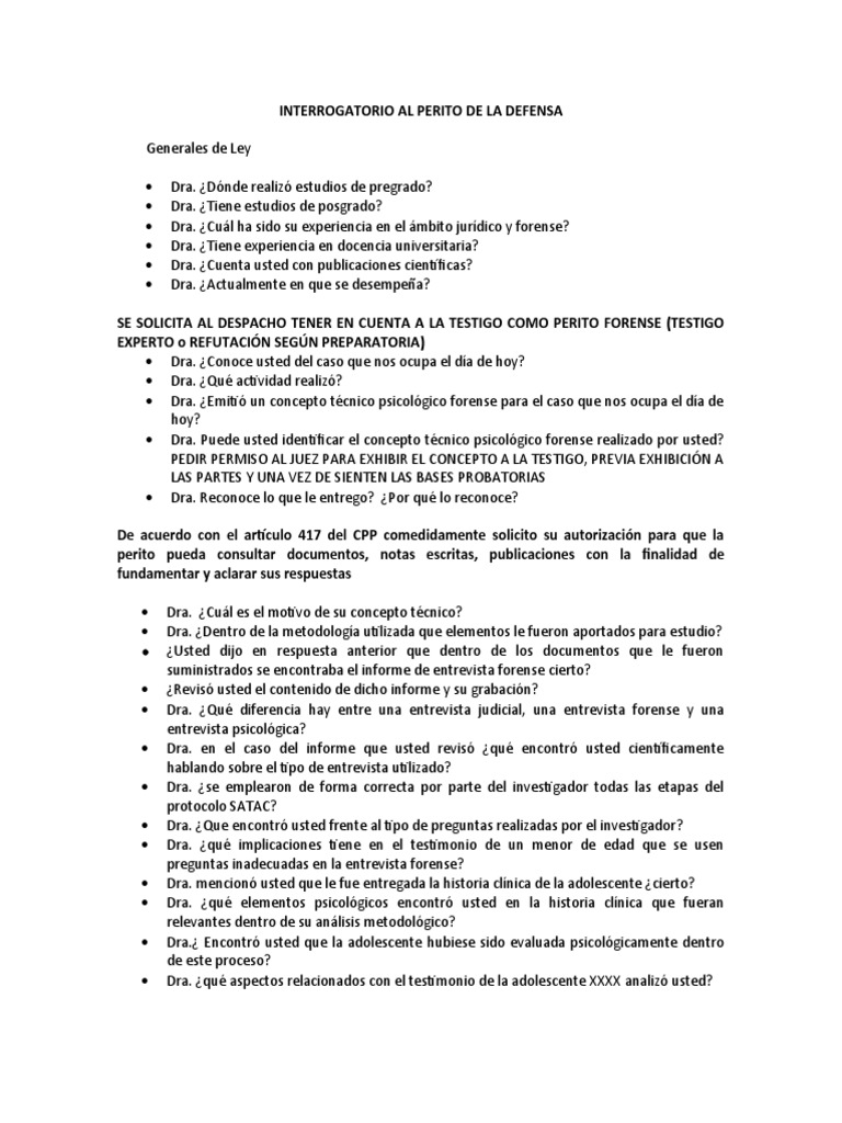 Ejemplo Interrogatorios | PDF | Testigo experto | Sicología