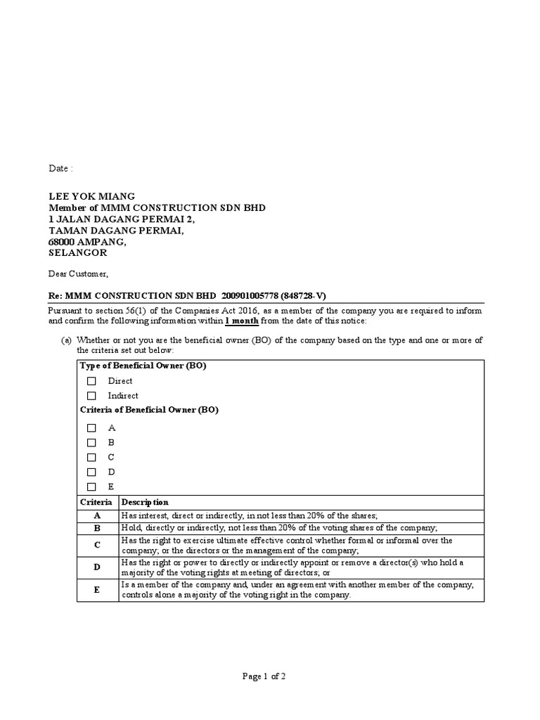 Reminder Letter - Beneficial Ownership | PDF | Business | Justice