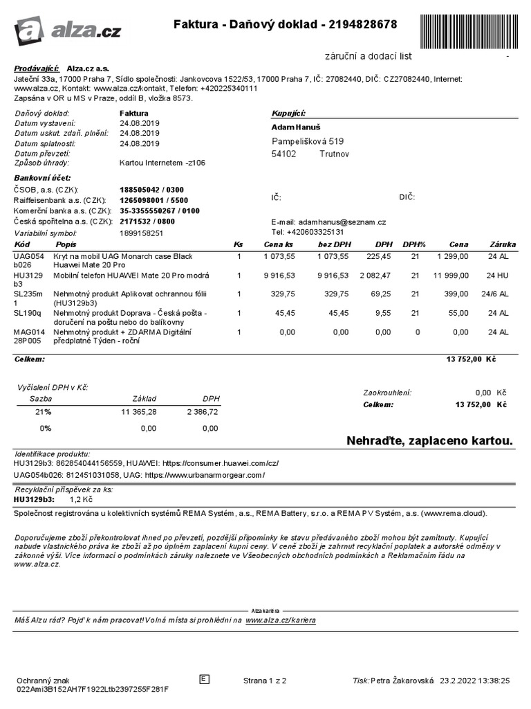 Faktura - Daňový Doklad - 2194828678: Záruční A Dodací List | PDF