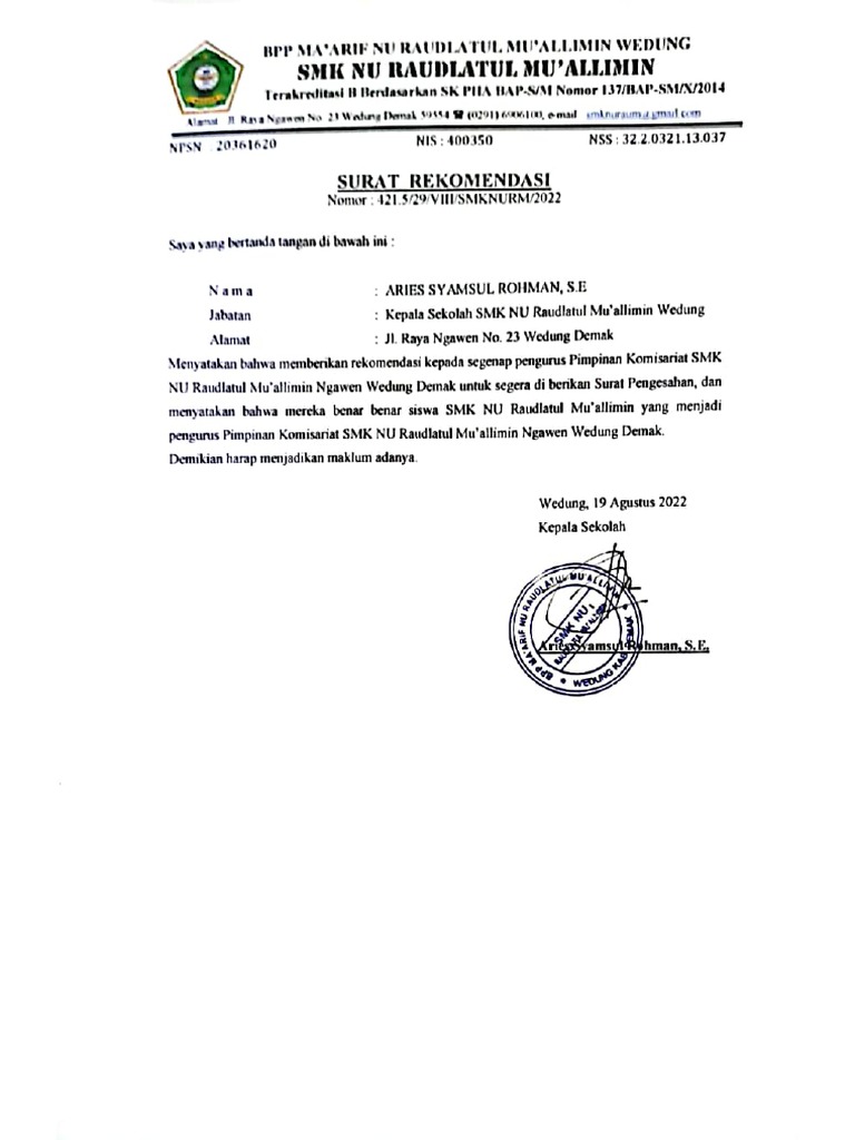 Surat Rekomendasi Madrasah IPNU IPPNU Wedung | PDF Surat Rekomendasi Madrasah IPNU IPPNU Wedung | PDF