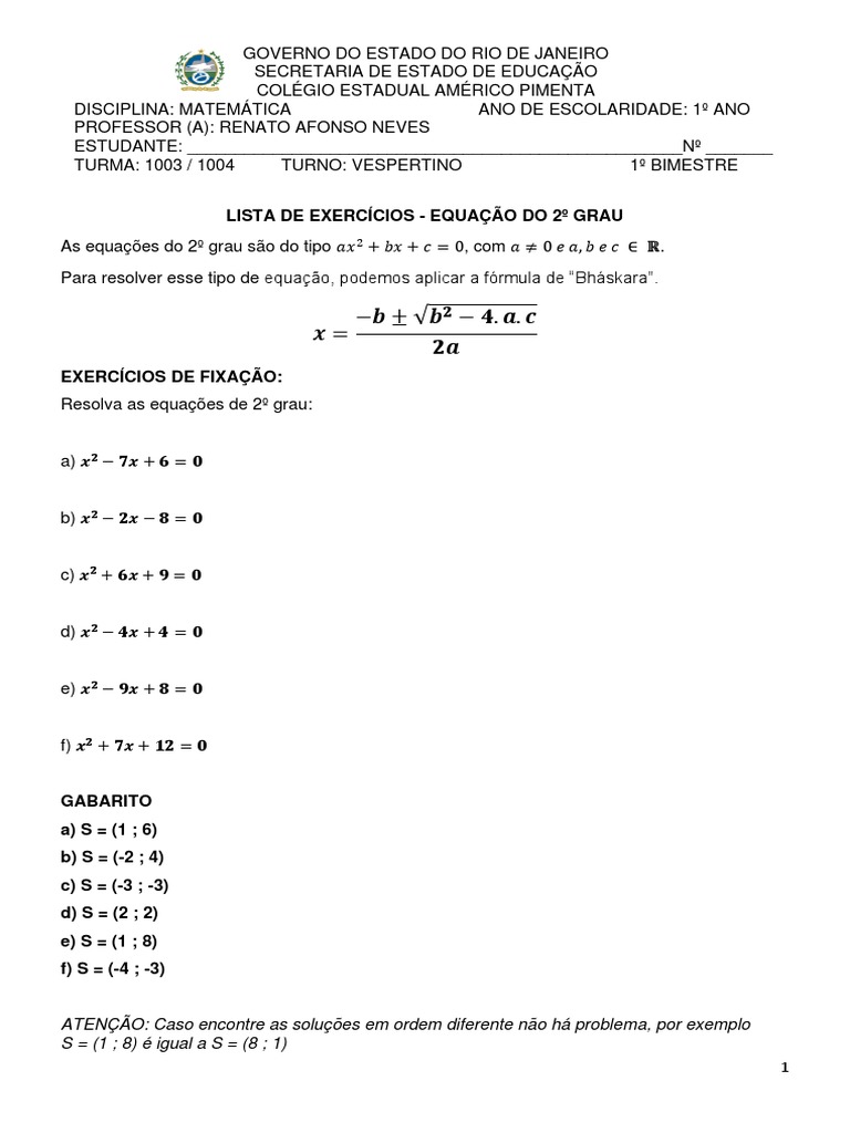 Lista De Exercícios Equação Do 2º Grau Pdf
