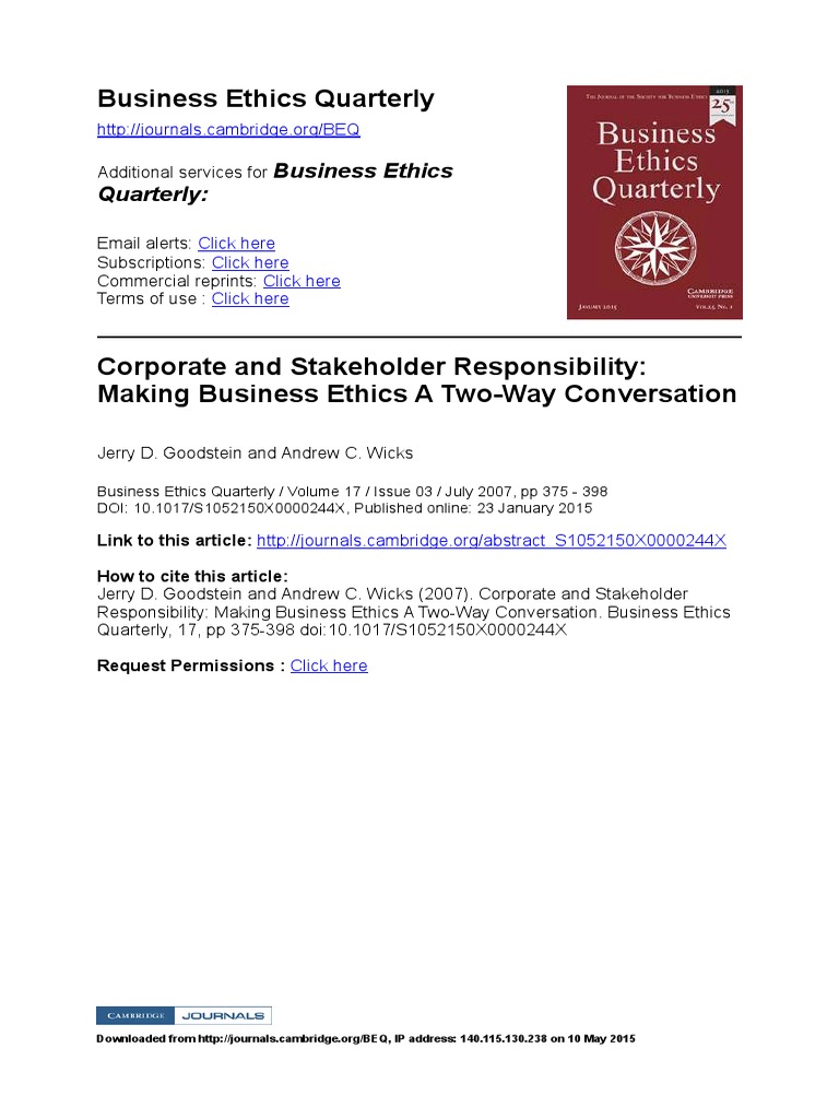Corporate and Stakeholder Responsibility - Making Business Ethics A Two ...