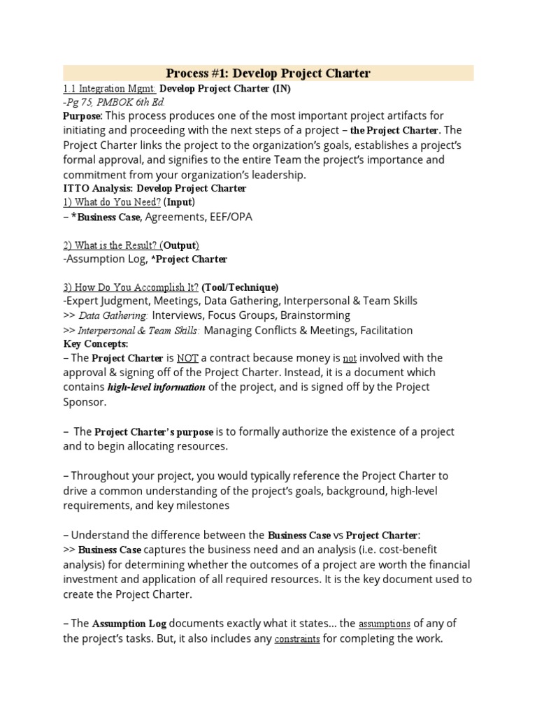 Process #1: Develop Project Charter: - PG 75, PMBOK 6th Ed | Download ...