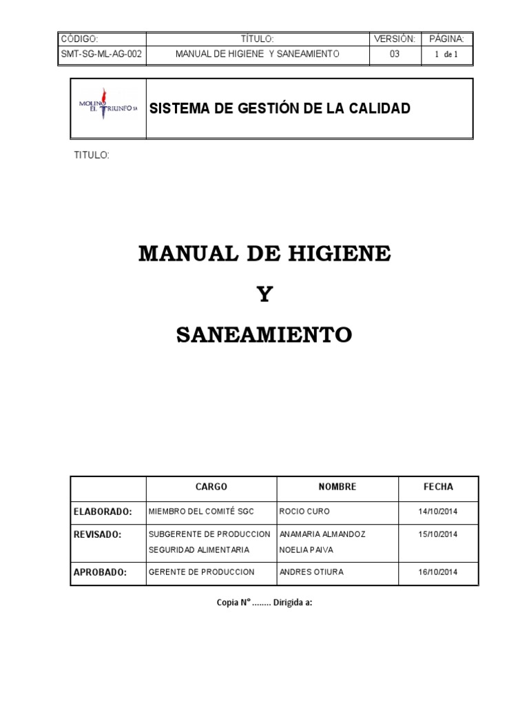 1 Manual de Higiene y Saneamiento | PDF | Alimentos | Seguridad alimenticia