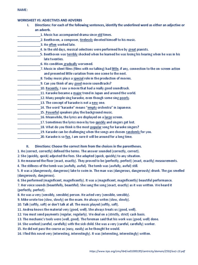 WORKSHEET 5 Adjectives and Adverbs | PDF | Adverb