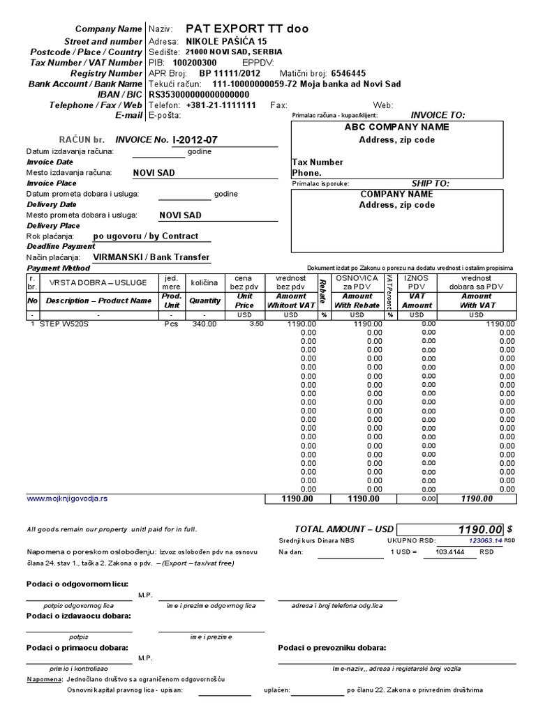 Racun Invoice Export Usd | PDF