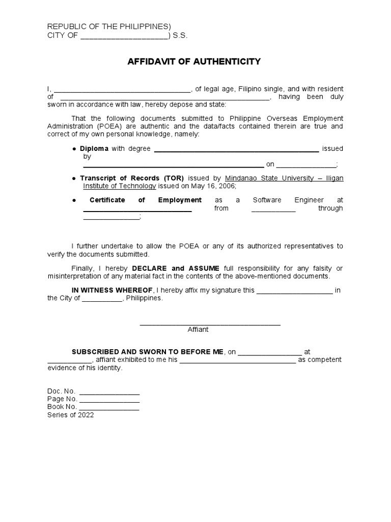 Affidavit of Authenticity: Republic of The Philippines) CITY OF - ) S.S ...