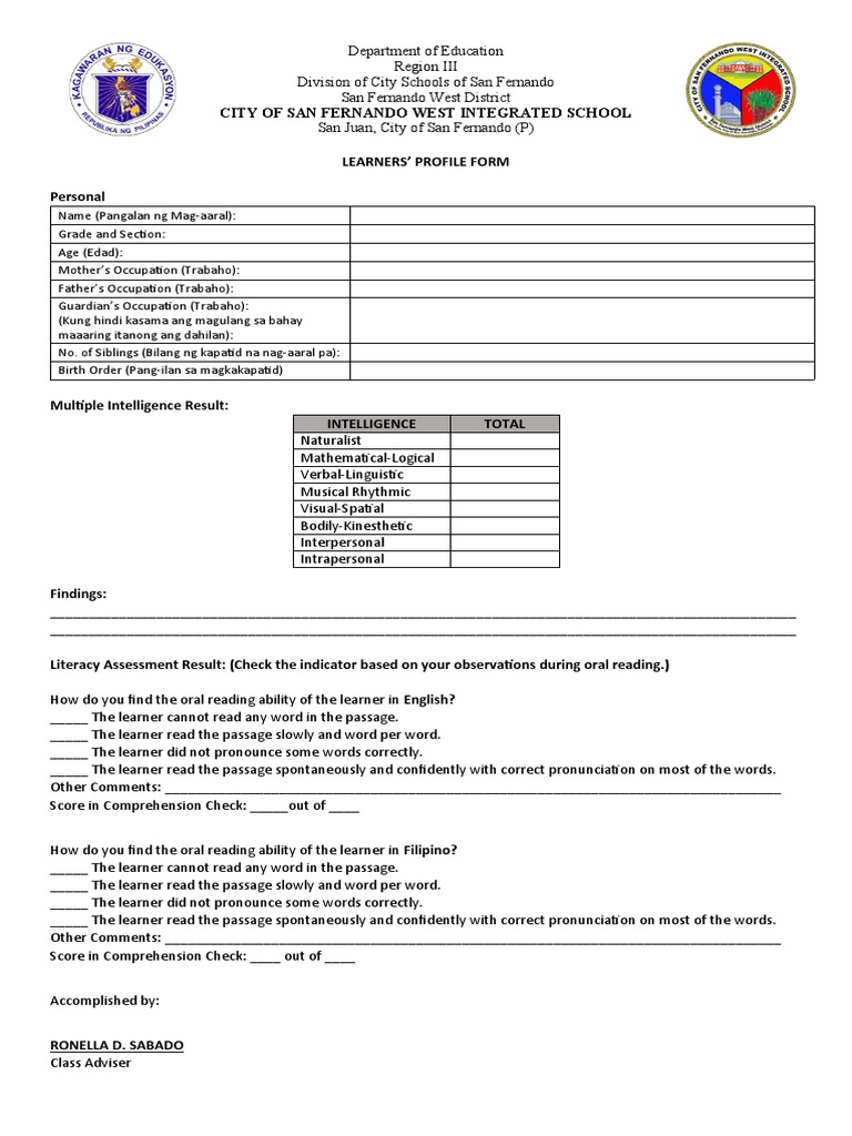 City of San Fernando West Integrated School Learners' Profile Form ...