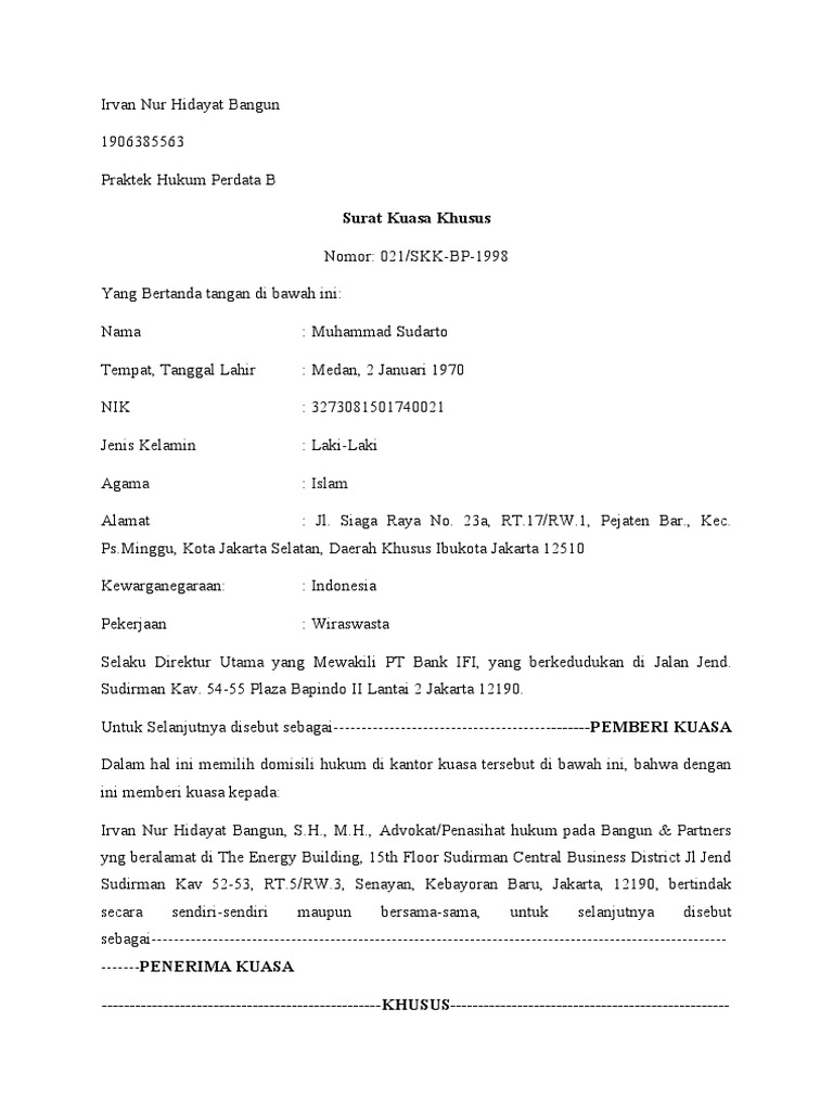 UAS Praper B Reg - Irvan Nur Hidayat Bangun - 1906385563 - Surat Kuasa | PDF