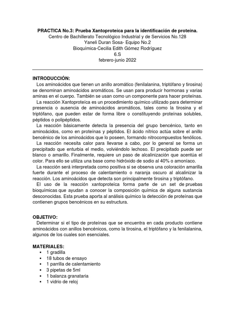PRACTICA No3 BIOQUIMICA-Prueba Xantoproteica | PDF | Proteínas | Tirosina