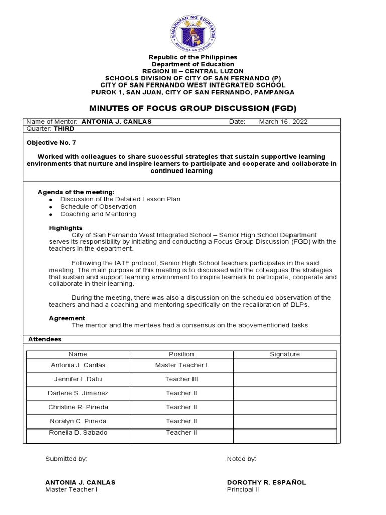 FGD Minutes for Teacher Collaboration | PDF | Mentorship | Change