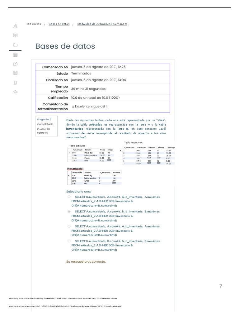 Modalidad de Ex Menes Semana 5 Revisi N Del Intento PDF | PDF | SQL | Informática