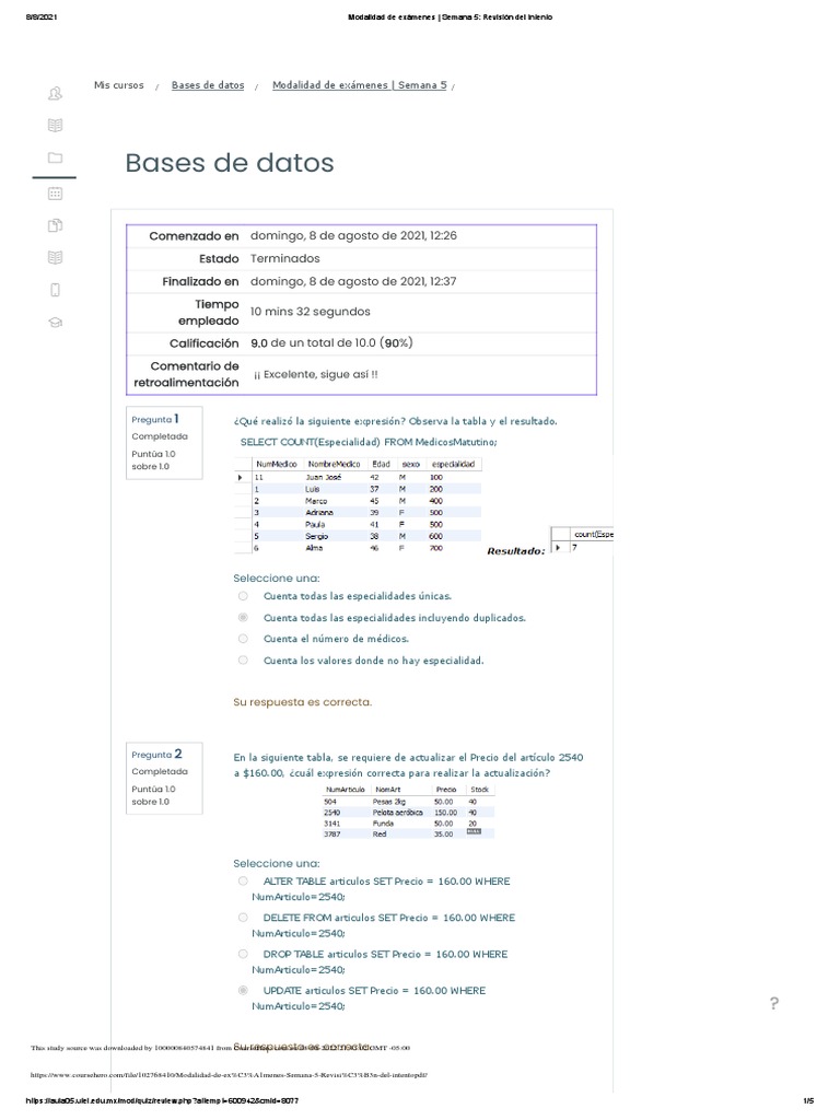 Modalidad de Ex Menes Semana 5 Revisi N Del Intento PDF | PDF | SQL | Gestión de la información