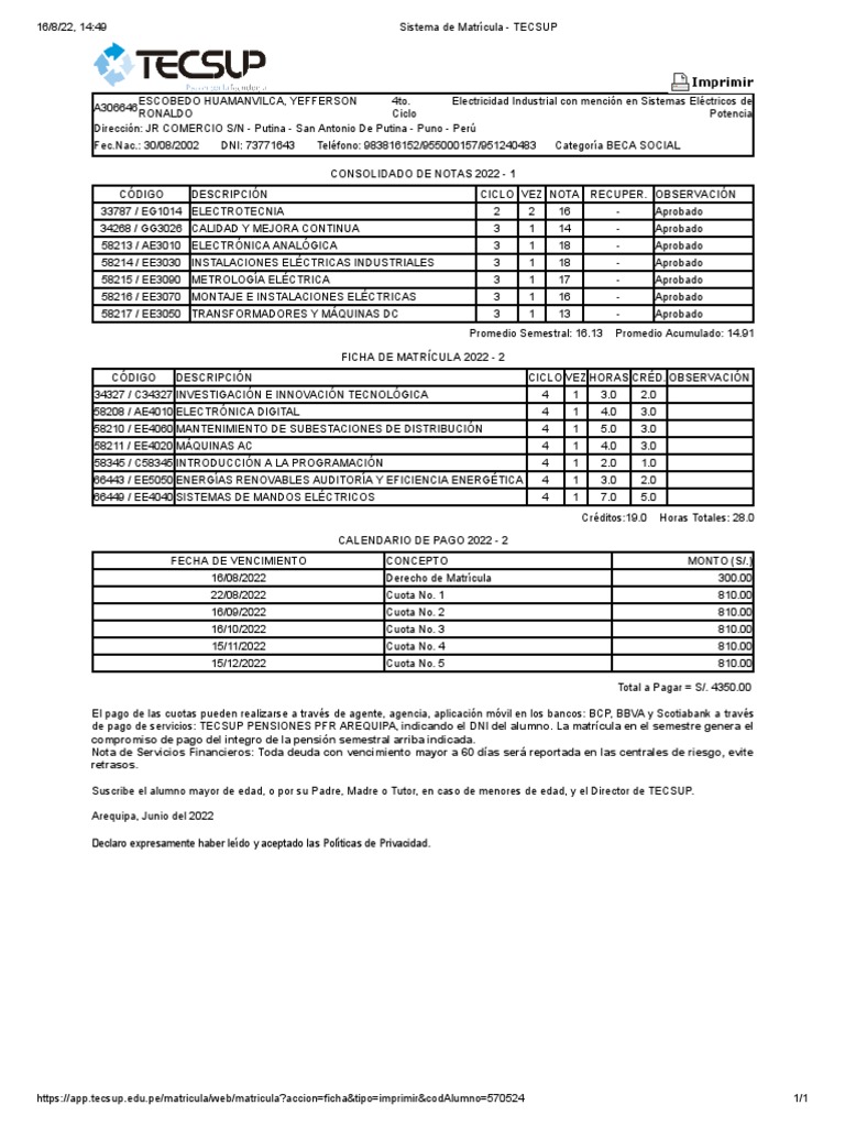 Sistema de Matrícula - TECSUP | PDF | Ingenieria Eléctrica