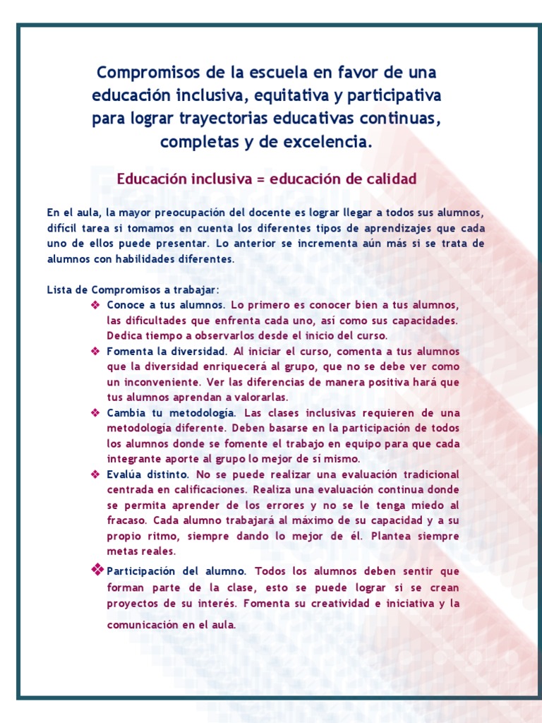 Compromisos de La Escuela en Favor de Una Educaci N Inclusiva | PDF