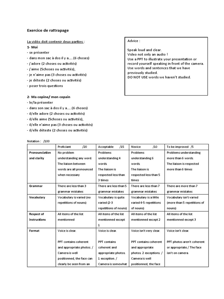 French Rubric, Presentation Exercise | PDF | Language Mechanics | Linguistic Morphology