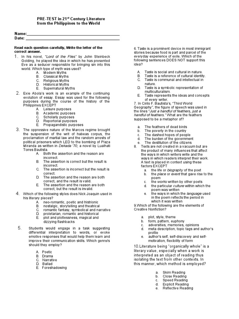 PRE-TEST in 21 Century Literature From The Philippines To The World ...