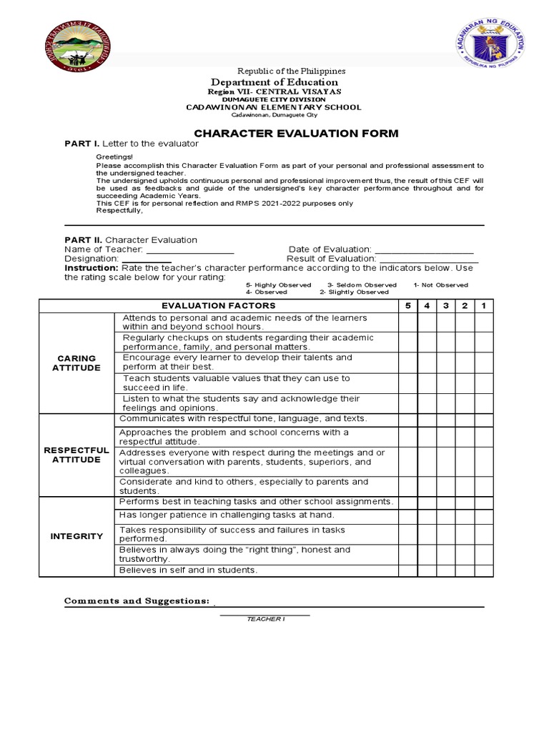 Character Evaluation Form for Teacher Professional Growth and Reflection at Cadawinonan ...