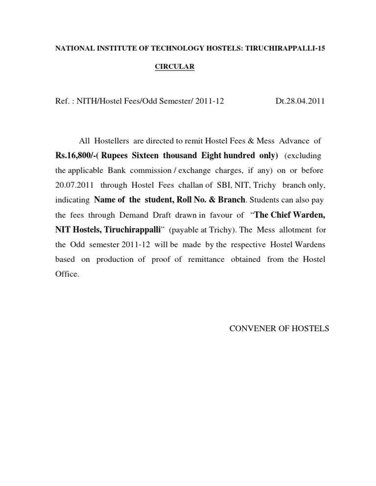 Hostel Fee Payment Notice | PDF