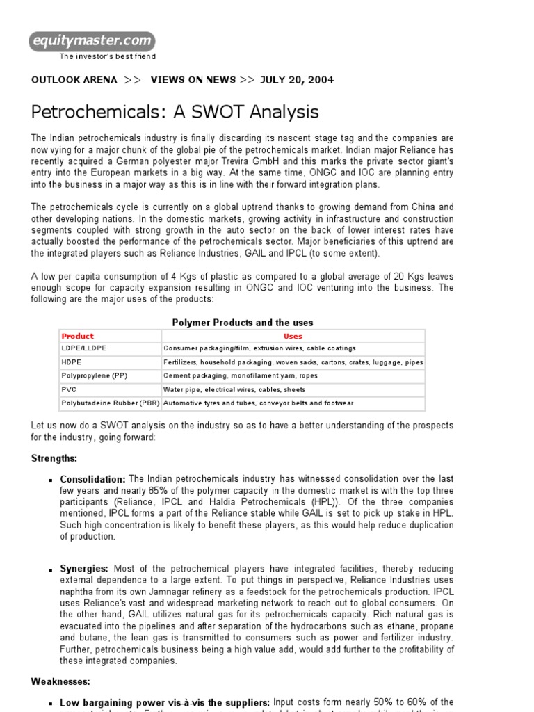 Petrochemicals - A SWOT Analysis | PDF | Tariff | Natural Gas