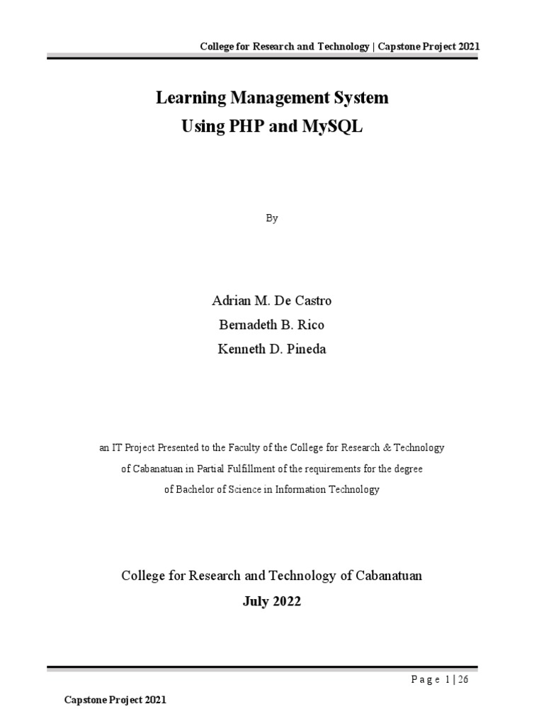 Learning Management System Using PHP and Mysql: Adrian M. de Castro Bernadeth B. Rico Kenneth D ...