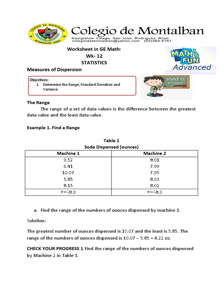 Worksheet in GE Math: Wk-12 Statistics Measures of Dispersion ...