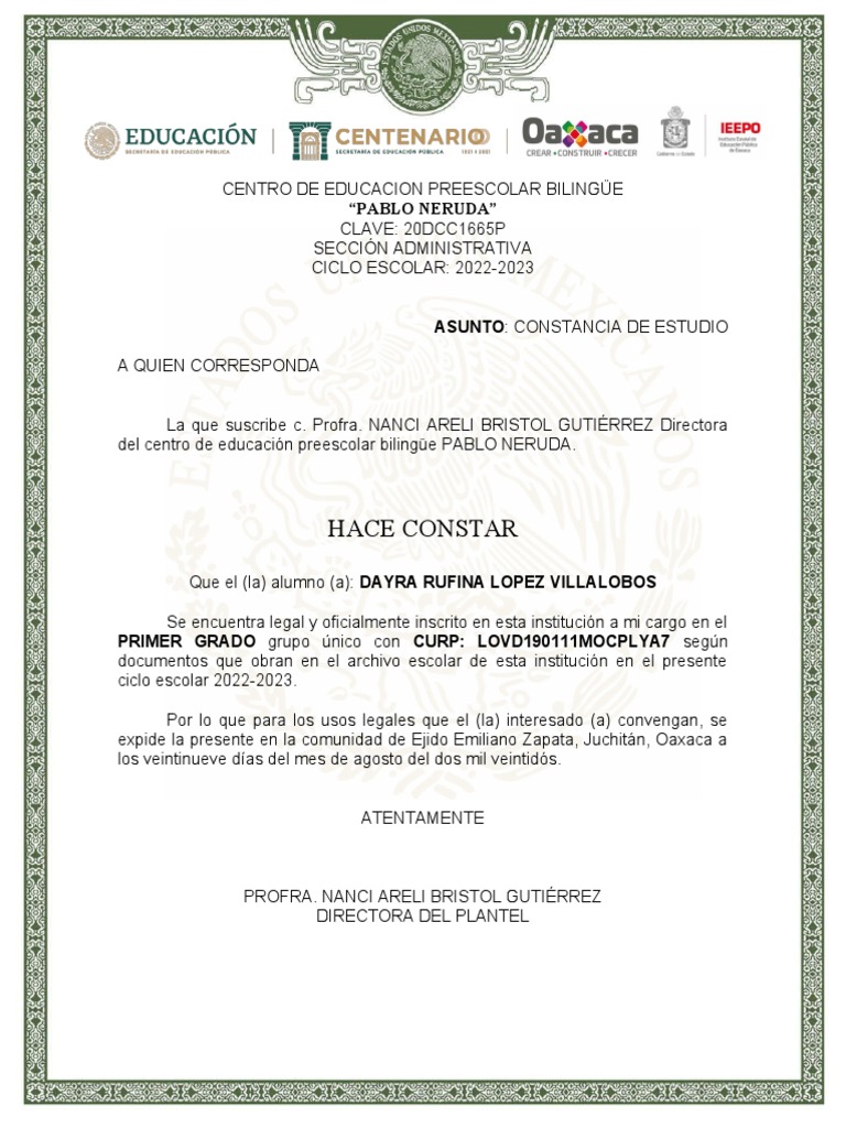 Constancias De Estudio 2022 2023 Pdf Educación De La Primera