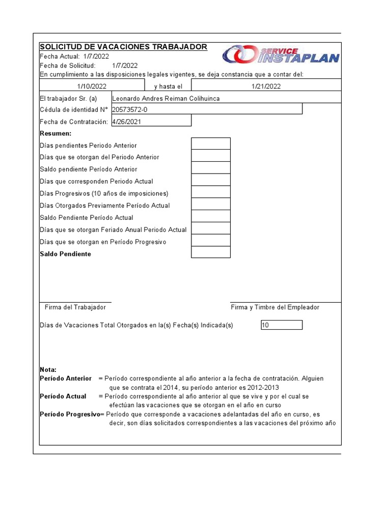 Solicitud de Vacaciones Laborales 2022 | PDF