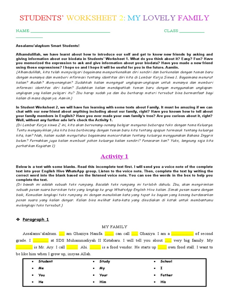 STUDENTS WORKSHEET 2-Family | PDF