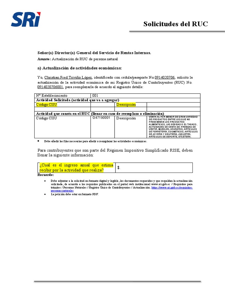 Formato Solicitudes RUC Actualización- Personas Naturales | PDF