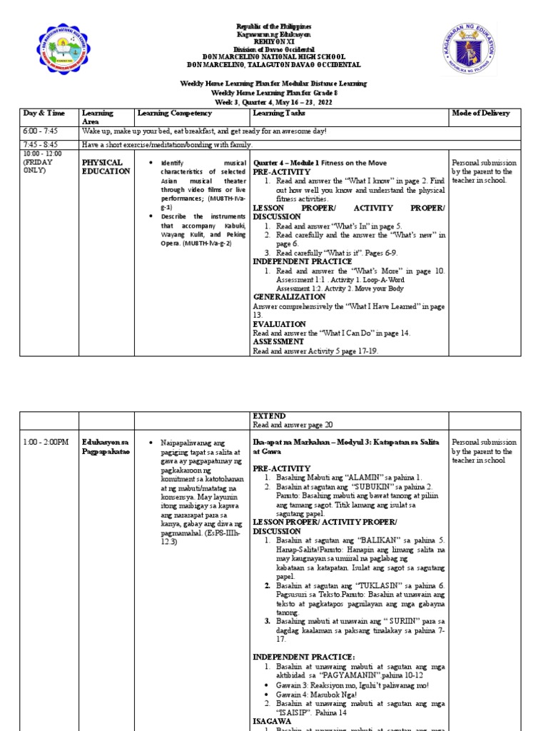 Day & Time Learning Area Learning Competency Learning Tasks Mode of Delivery | PDF | Cognition ...