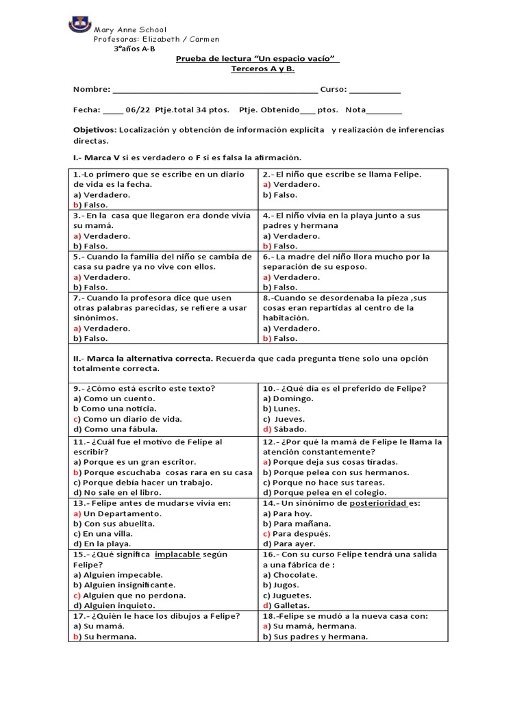 Comprension Lectora Un Espacio Vacio Tercero | PDF