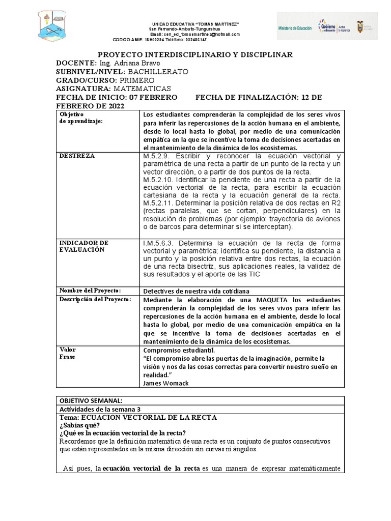 Adriana Bravo - Matematicas 1ro Bgu Proyecto 7 Semana 1 | PDF | Línea (geometría) | Ecuaciones