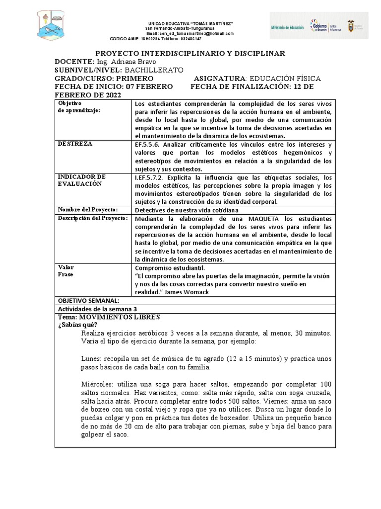 Adriana Bravo - Educación Fisica 1ro Bgu Proyecto 7 Semana 1 | PDF