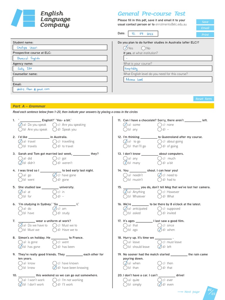 Chutipa Pre-Course Test ELC | PDF
