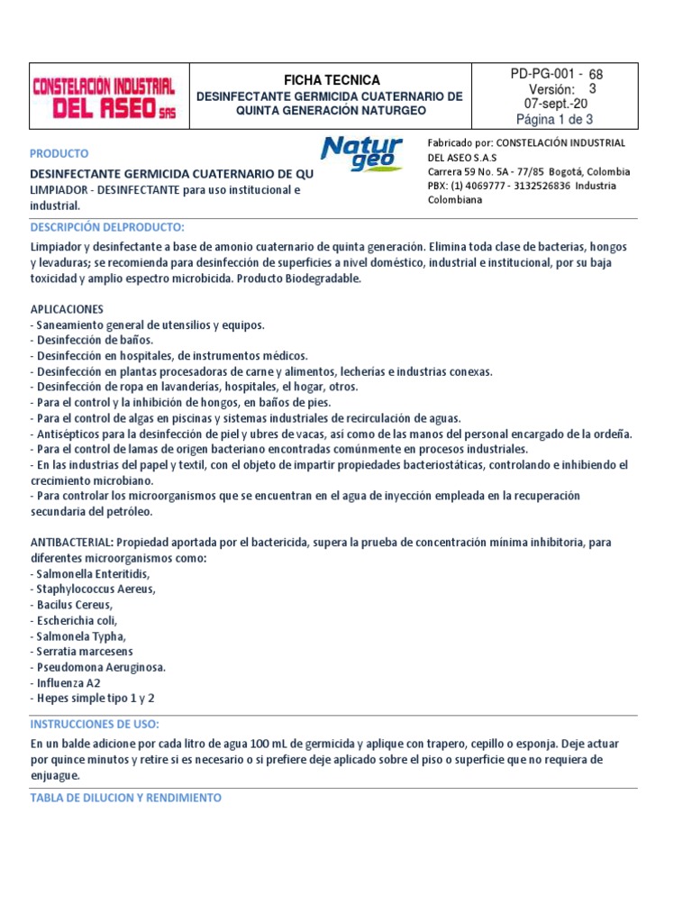 Germicida Ficha Tecnica | PDF | Las bacterias | Microbiología