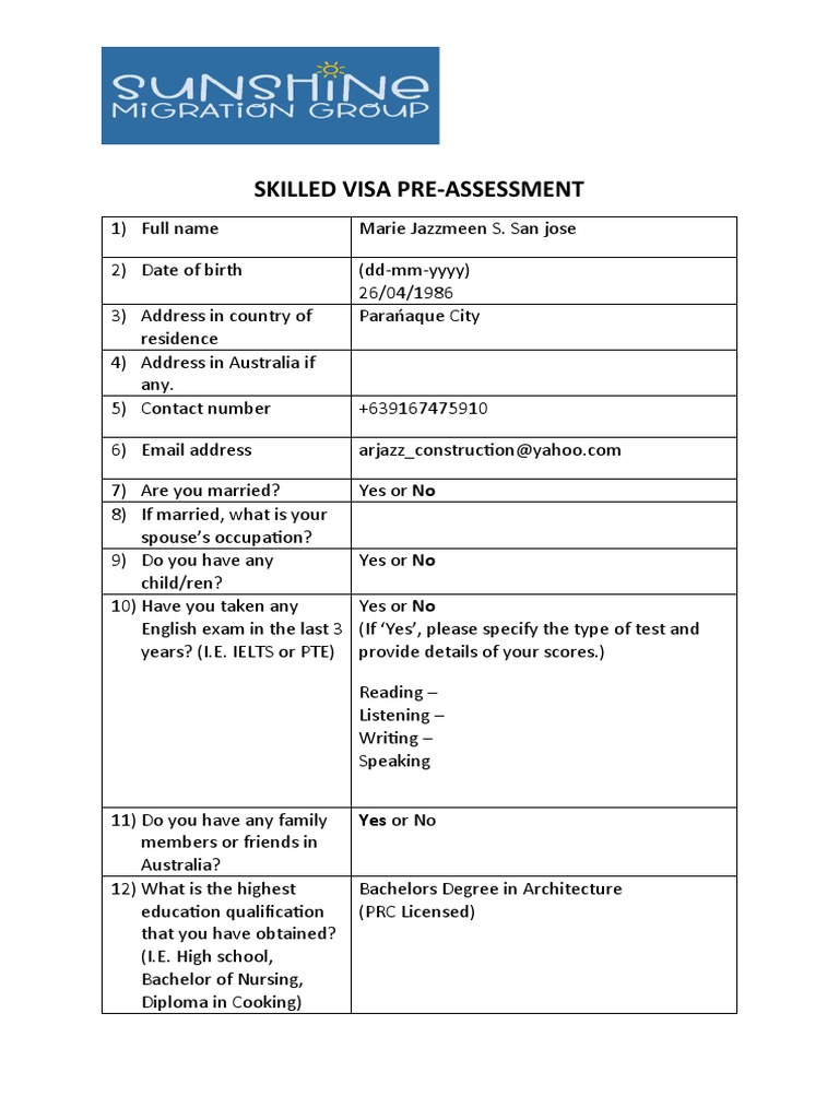 000 Skilled Visa Pre Assessment Form | PDF | Sports & Recreation ...